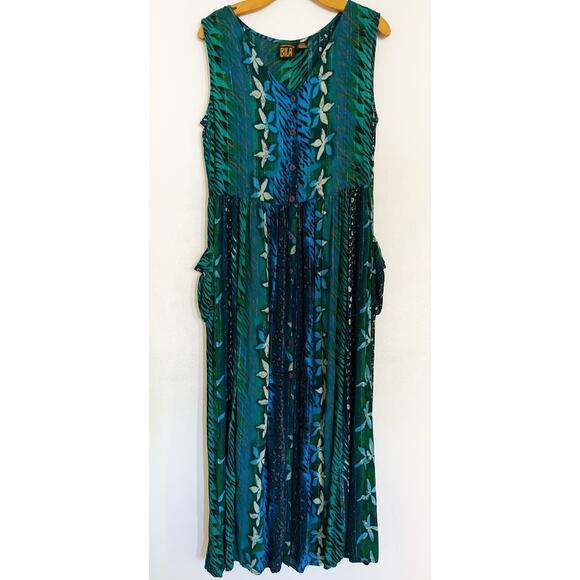 Bila | Dresses | Bila Maxi Dress M Blue Green Floral Metallic Rayon ...